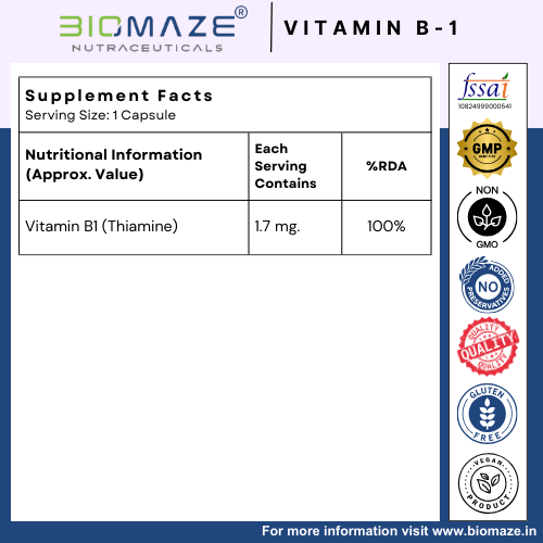 Biomaze Nutraceuticals Vitamin B1, Thiamine 1.7mg – Supports Energy ...